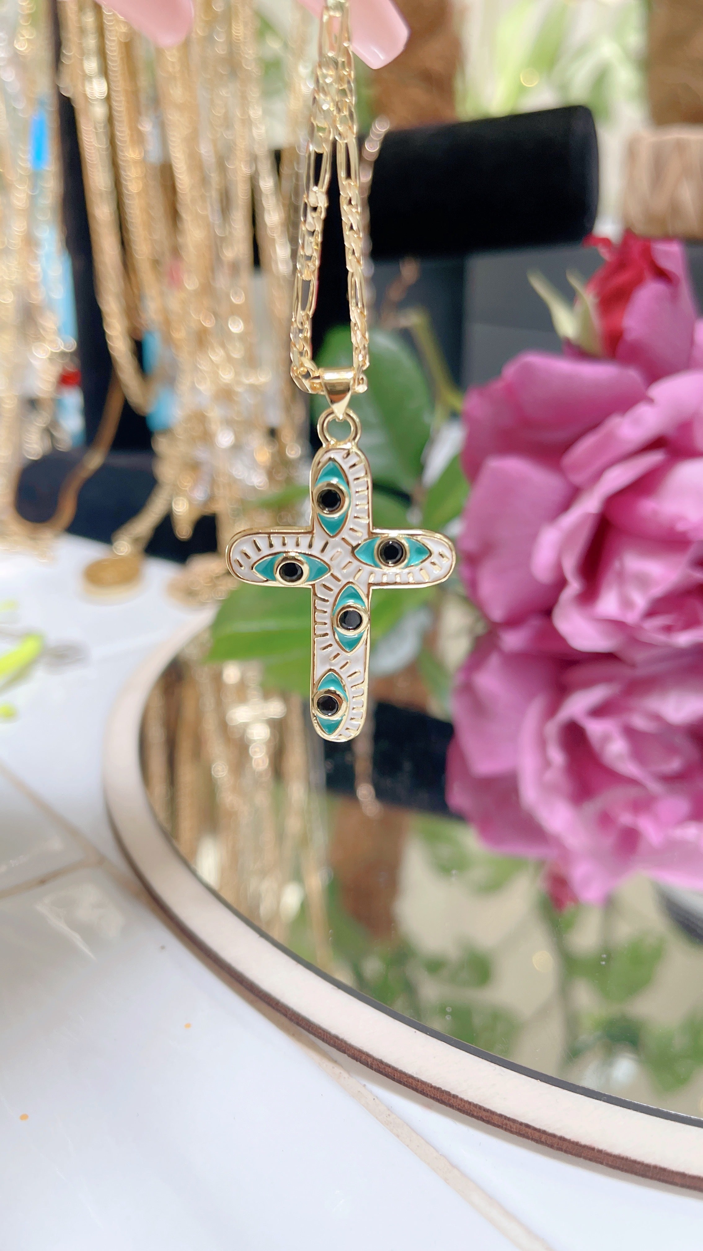 White Evil Eye Cross Necklace